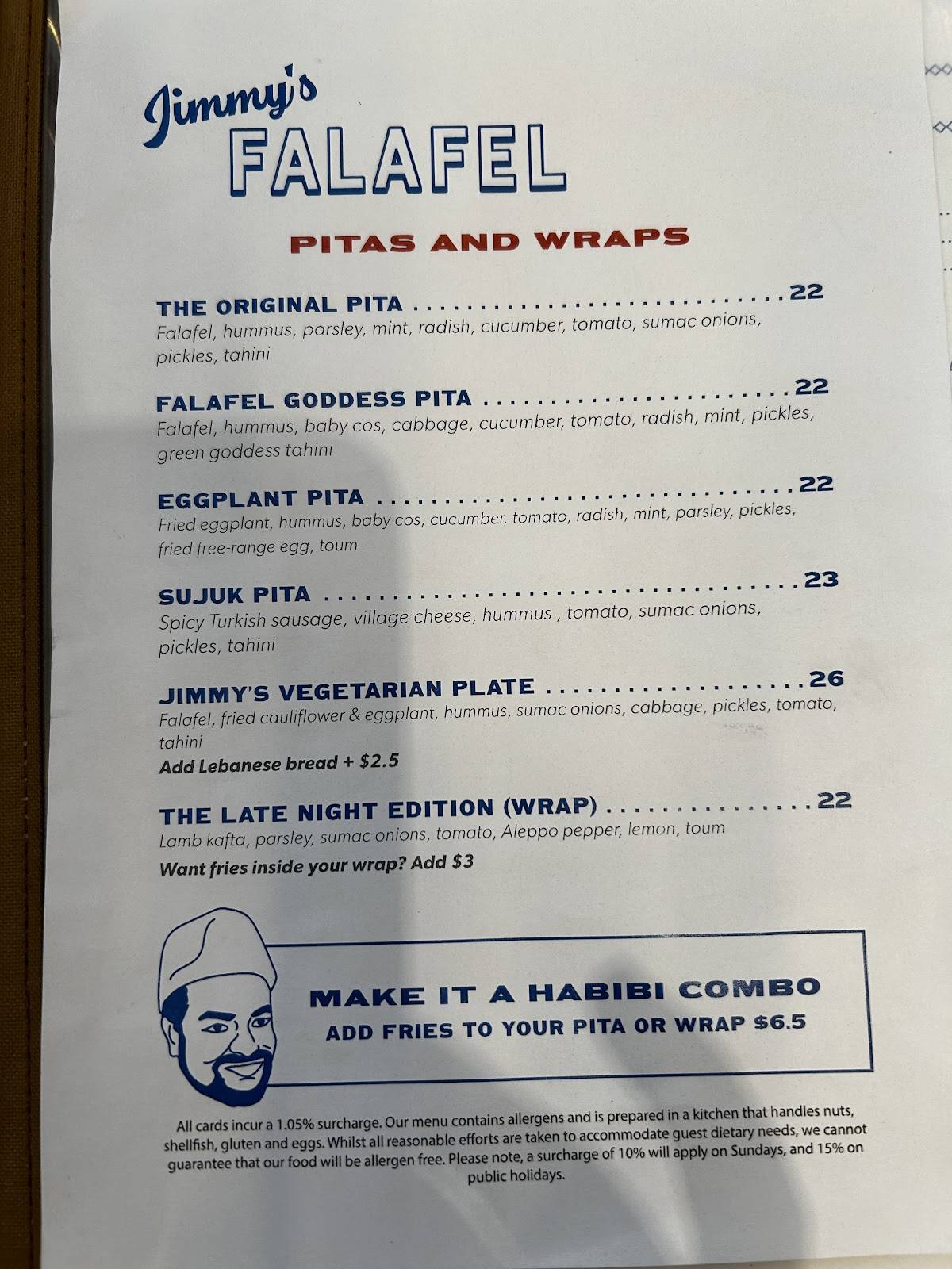 Menu at Jimmy’s Falafel restaurant, Sydney