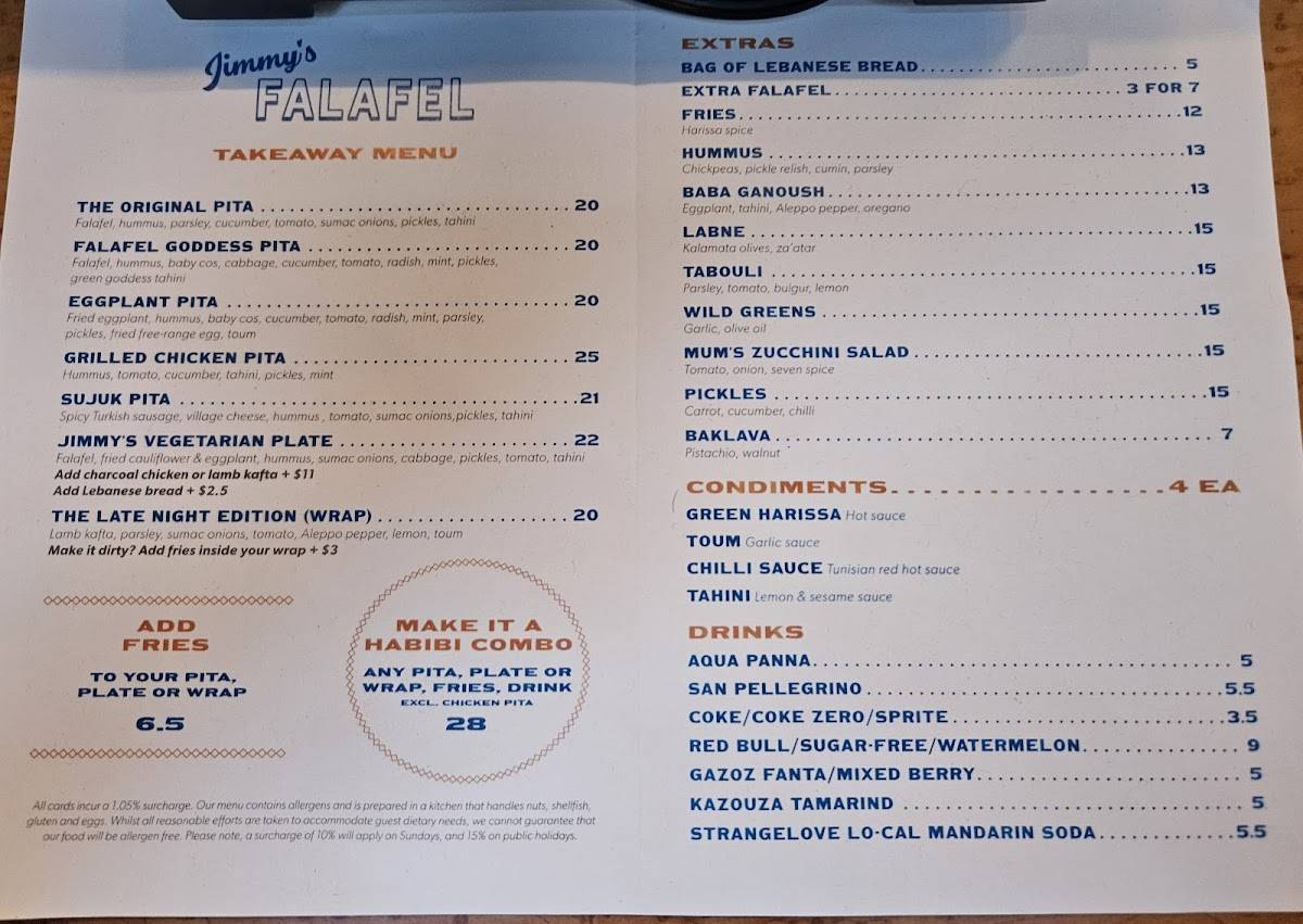 Menu at Jimmy’s Falafel restaurant, Sydney
