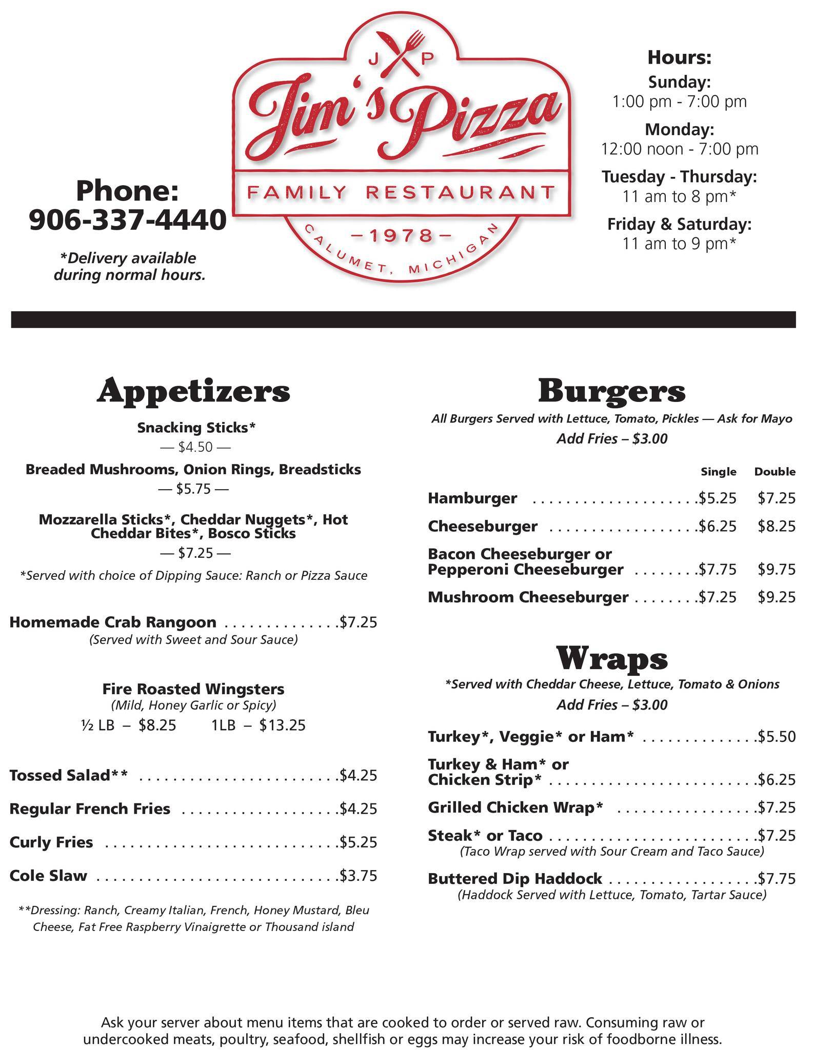Menu at Jim's Pizza Calumet pizzeria, Calumet Township