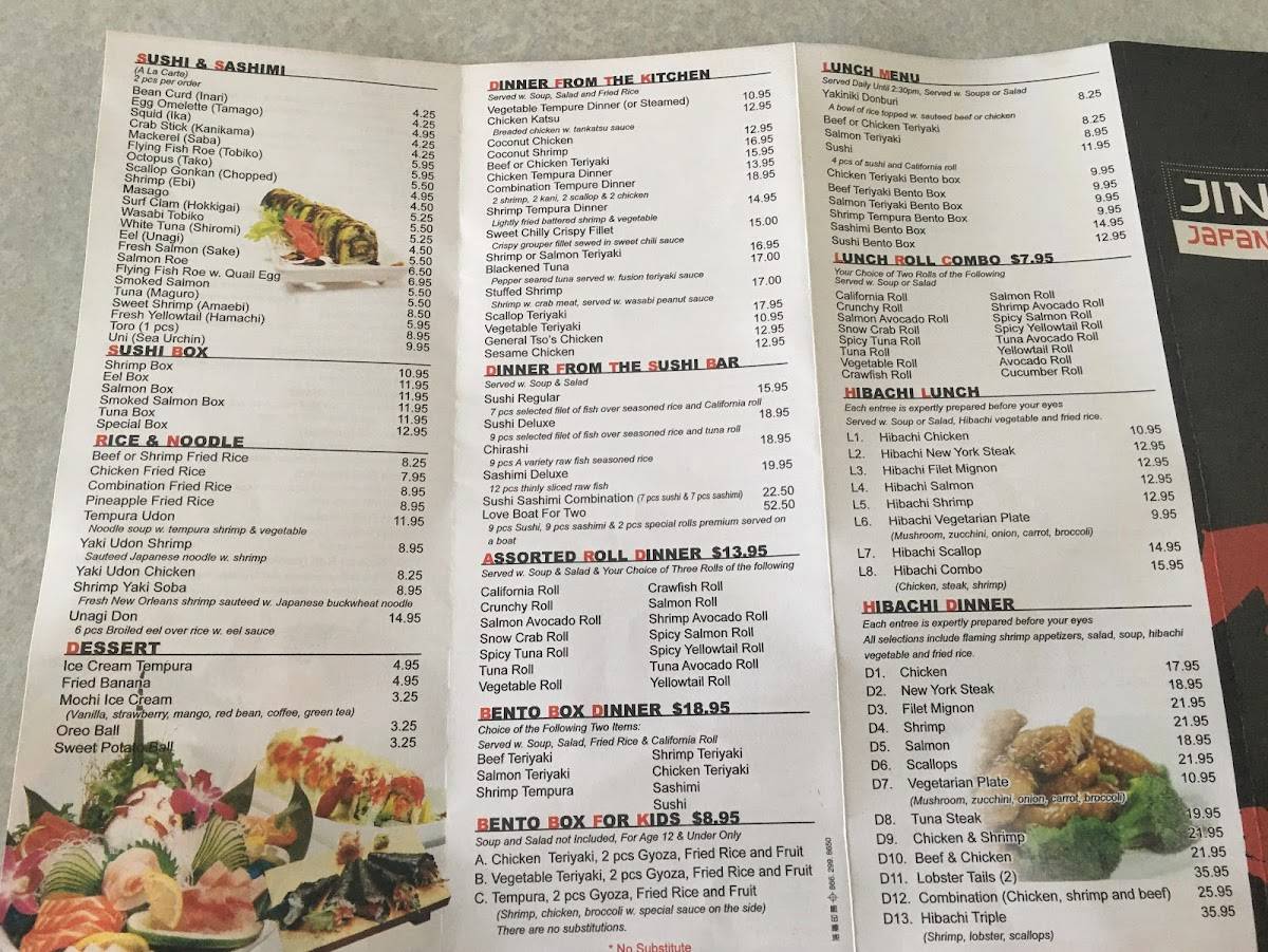 Carta del restaurante Jinsan Sushi, Galliano
