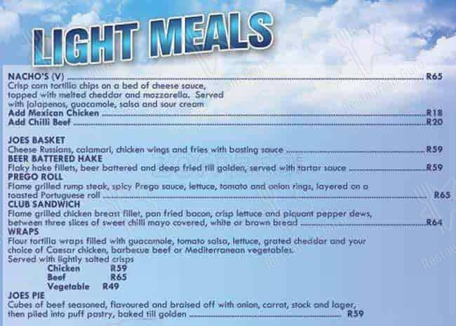 Menu at Joe Cools pub & bar, Durban