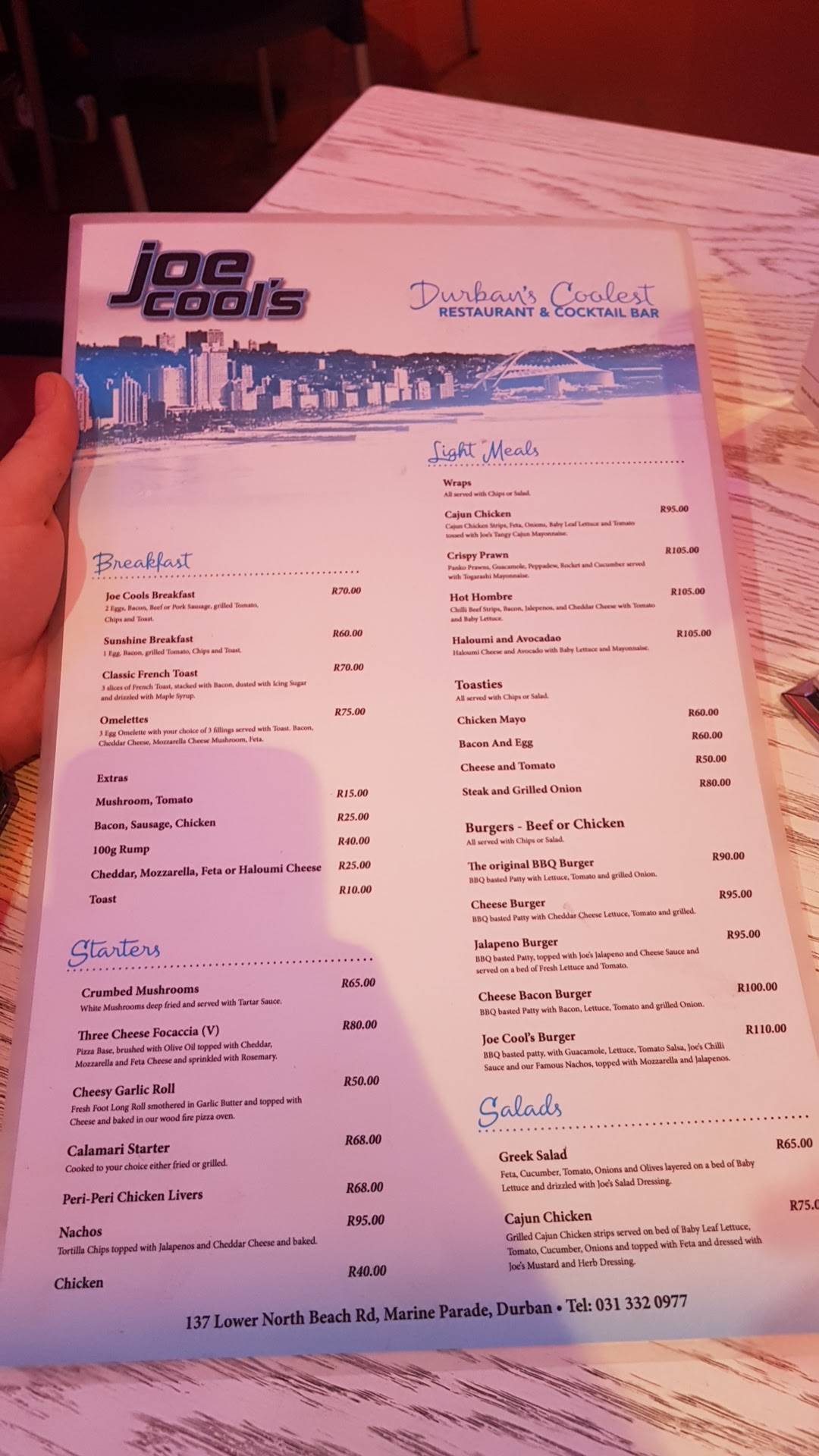 Menu at Joe Cools pub & bar, Durban