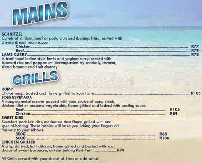 Menu at Joe Cools pub & bar, Durban