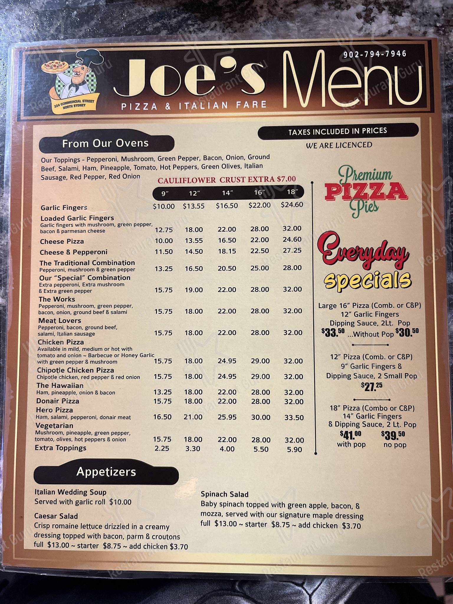 Menu at Joes pizza & Italian fare restaurant, North Sydney