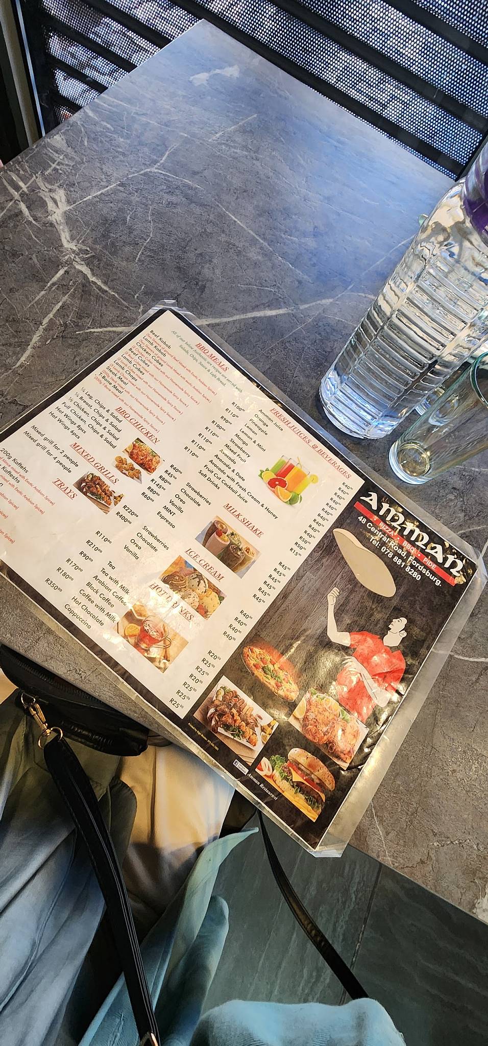 Menu at Amman Restaurant, Johannesburg
