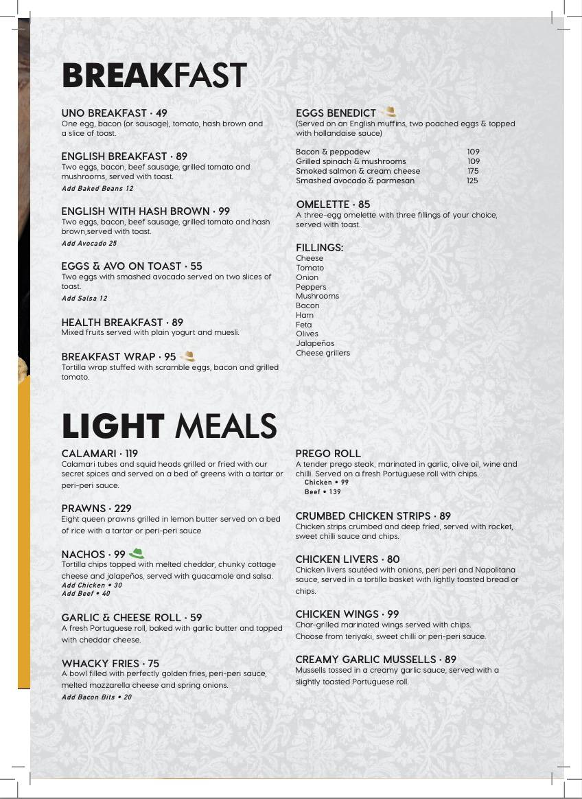 Menu at Cappello Newtown Junction restaurant, Johannesburg