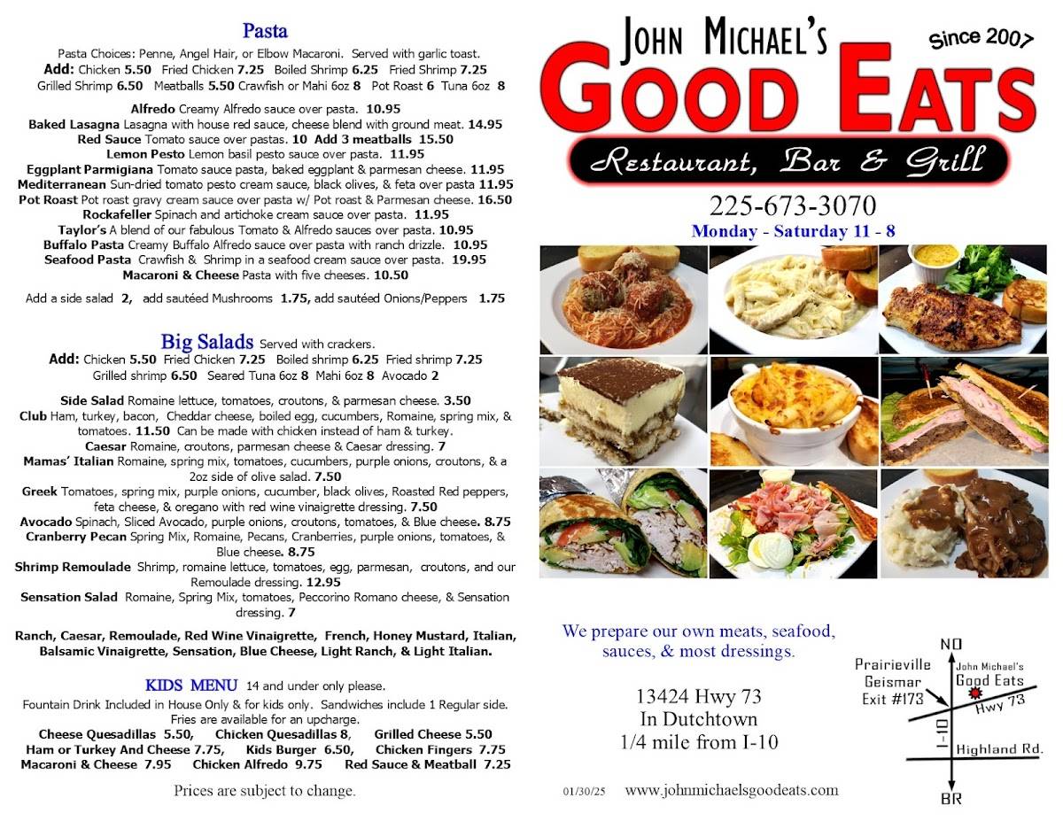 Menu at John Michael's Good Eats restaurant, Geismar