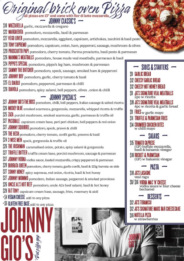 Menu at Johnny Gio's Pizza Eastgardens restaurant, Pagewood