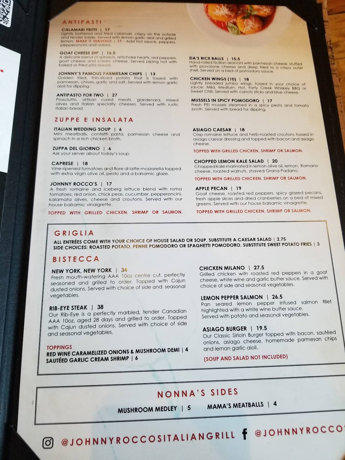 Menu at Johnny Rocco's Italian Grill pizzeria, St. Catharines