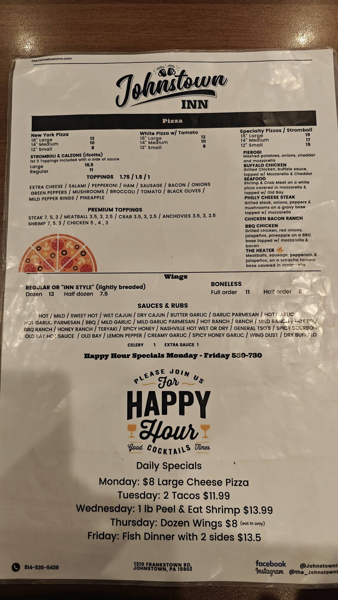 Menu at The Johnstown Inn pub & bar, Johnstown