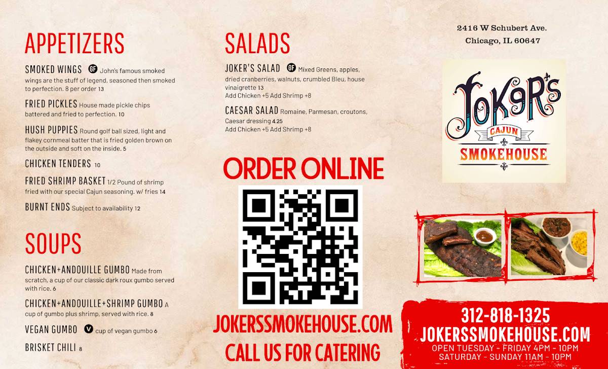 Menu at Joker's Cajun Smokehouse BBQ, Chicago
