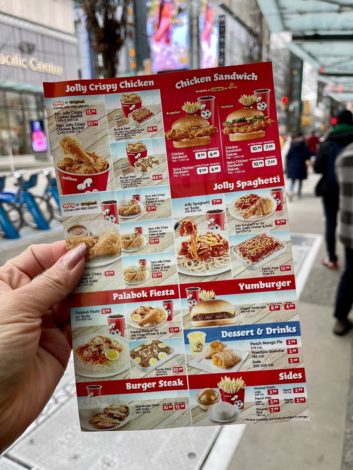Menu at Jollibee fast food, Vancouver, 833 Granville St