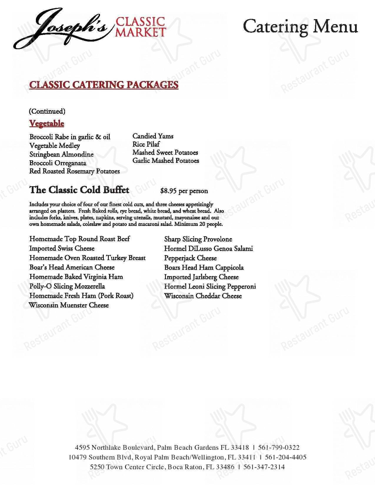 Menu at Joseph's Classic Market restaurant, Palm Beach Gardens