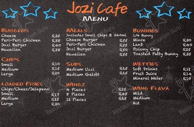 Menu at Jozi Cafe, Roodepoort