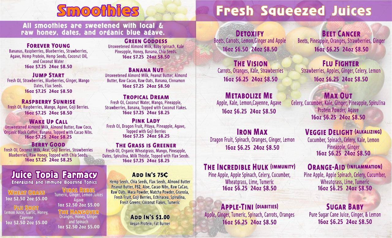Menu at Juice Topia LLC pub & bar, Rocky Mount