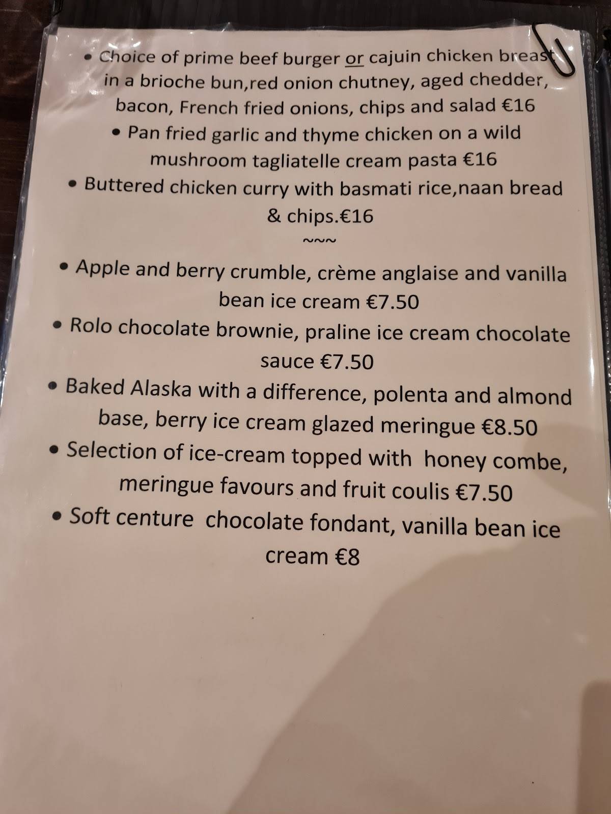 Menu at Juniper Restaurant, Mallow