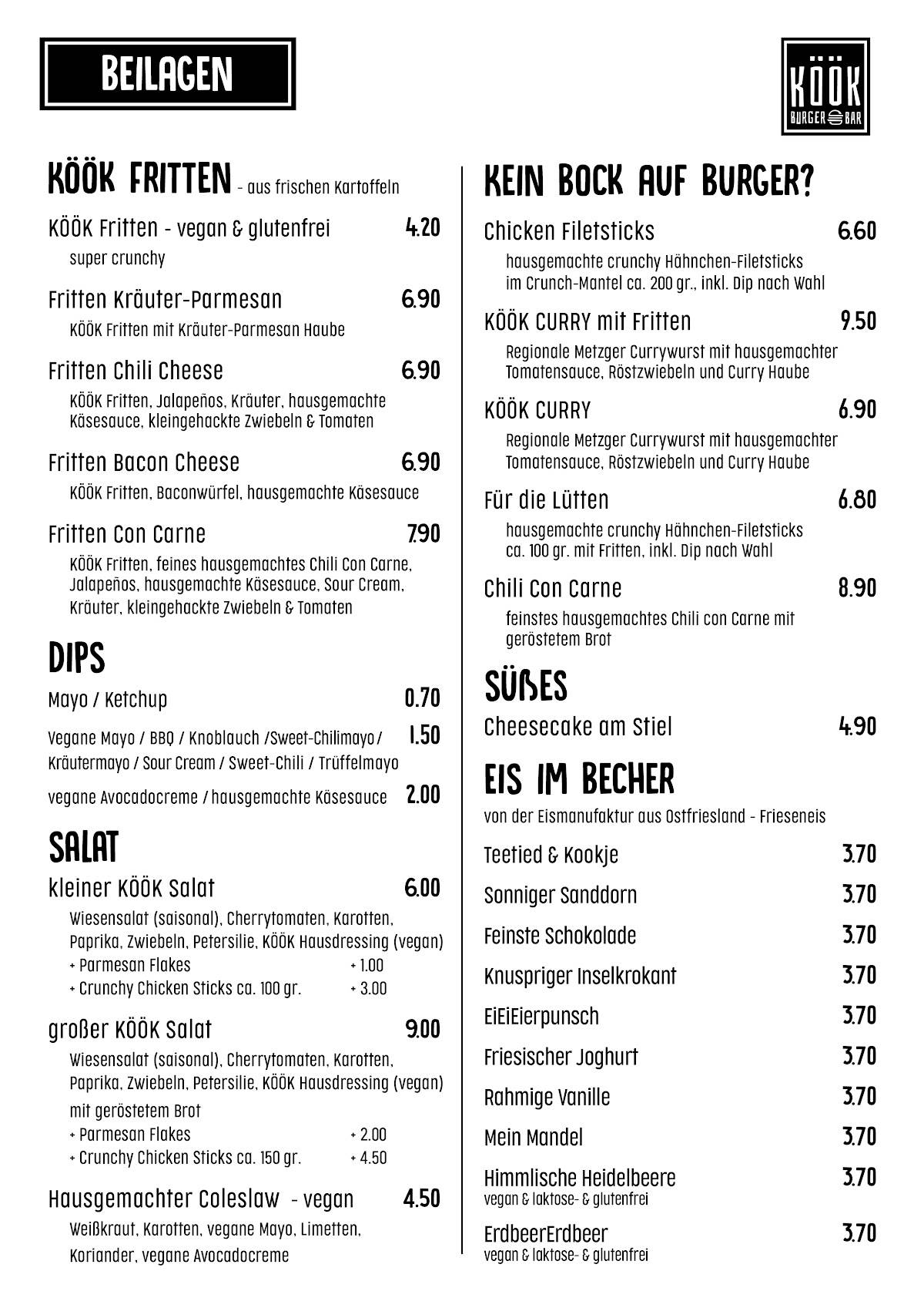 Speisekarte von Köök Burger Bar, Neuharlingersiel