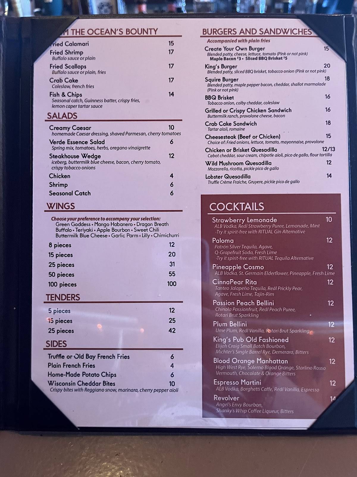 Menu at KING’S PUB, Atlantic City
