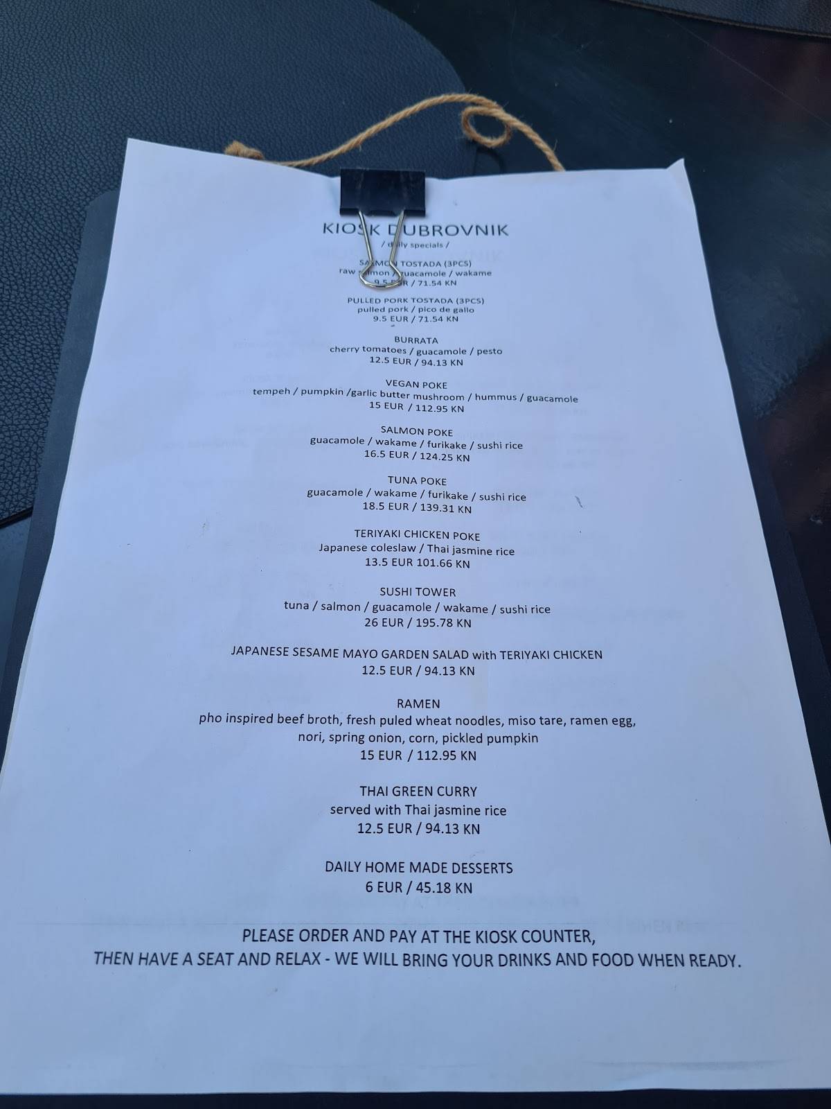 Menu au KIOSK DUBROVNIK restaurant, Dubrovnik