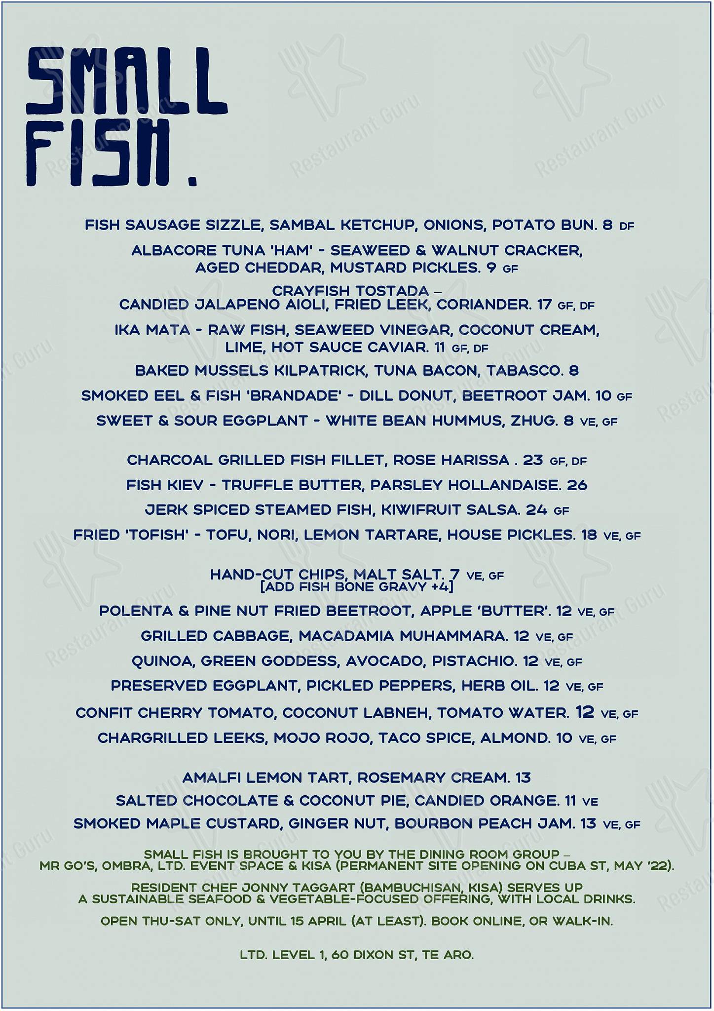 Menu at Kisa restaurant, Wellington