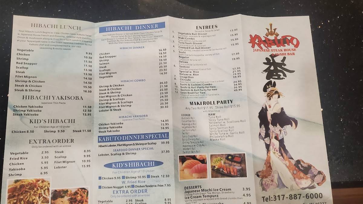 Menu at Kabuto Japanese Steak House steakhouse, Indianapolis