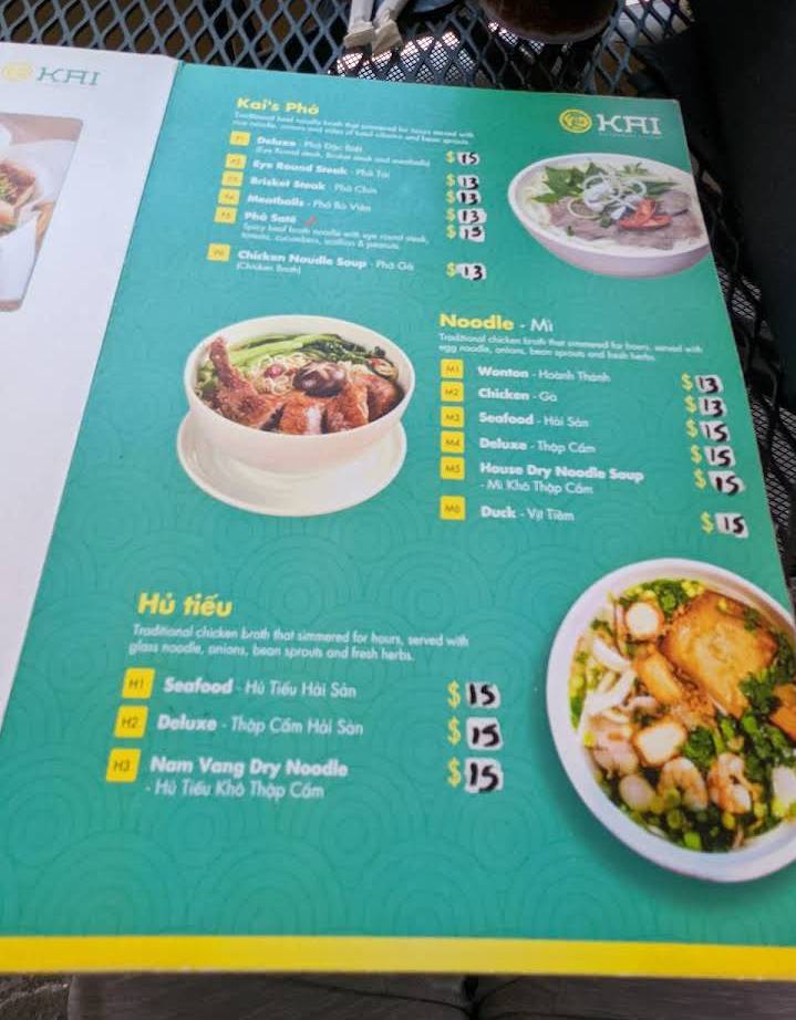 Menu at Kai Vietnamese Cuisine restaurant, Tulsa