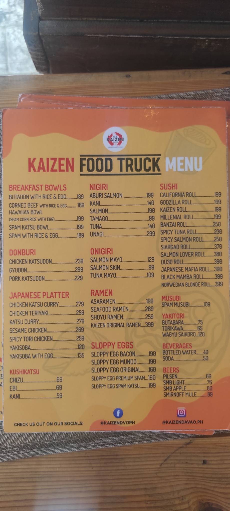 Carta del restaurante Kaizen Food Truck, Dávao