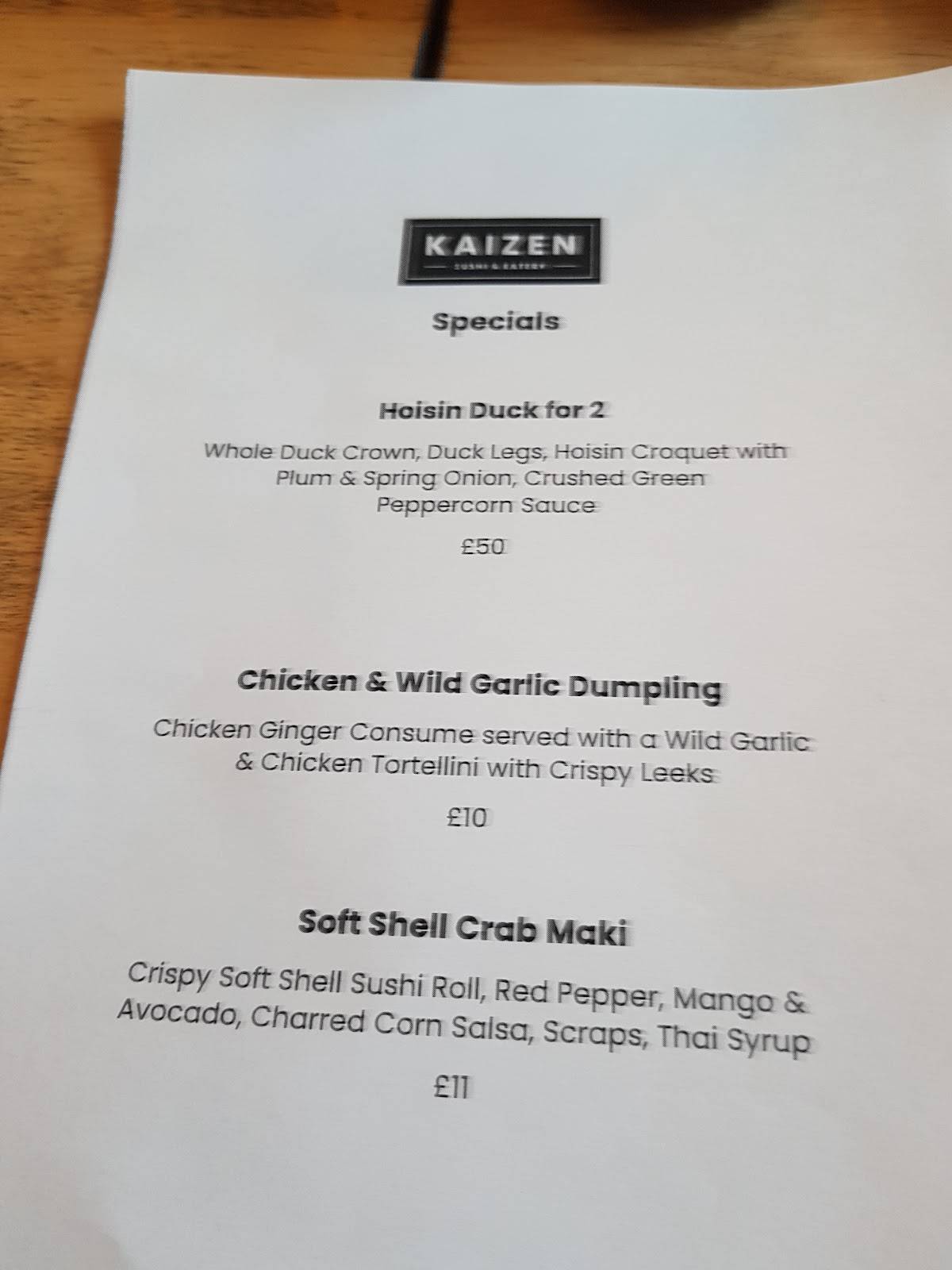 Menu at Kaizen Sushi and Eatery restaurant, Ormskirk