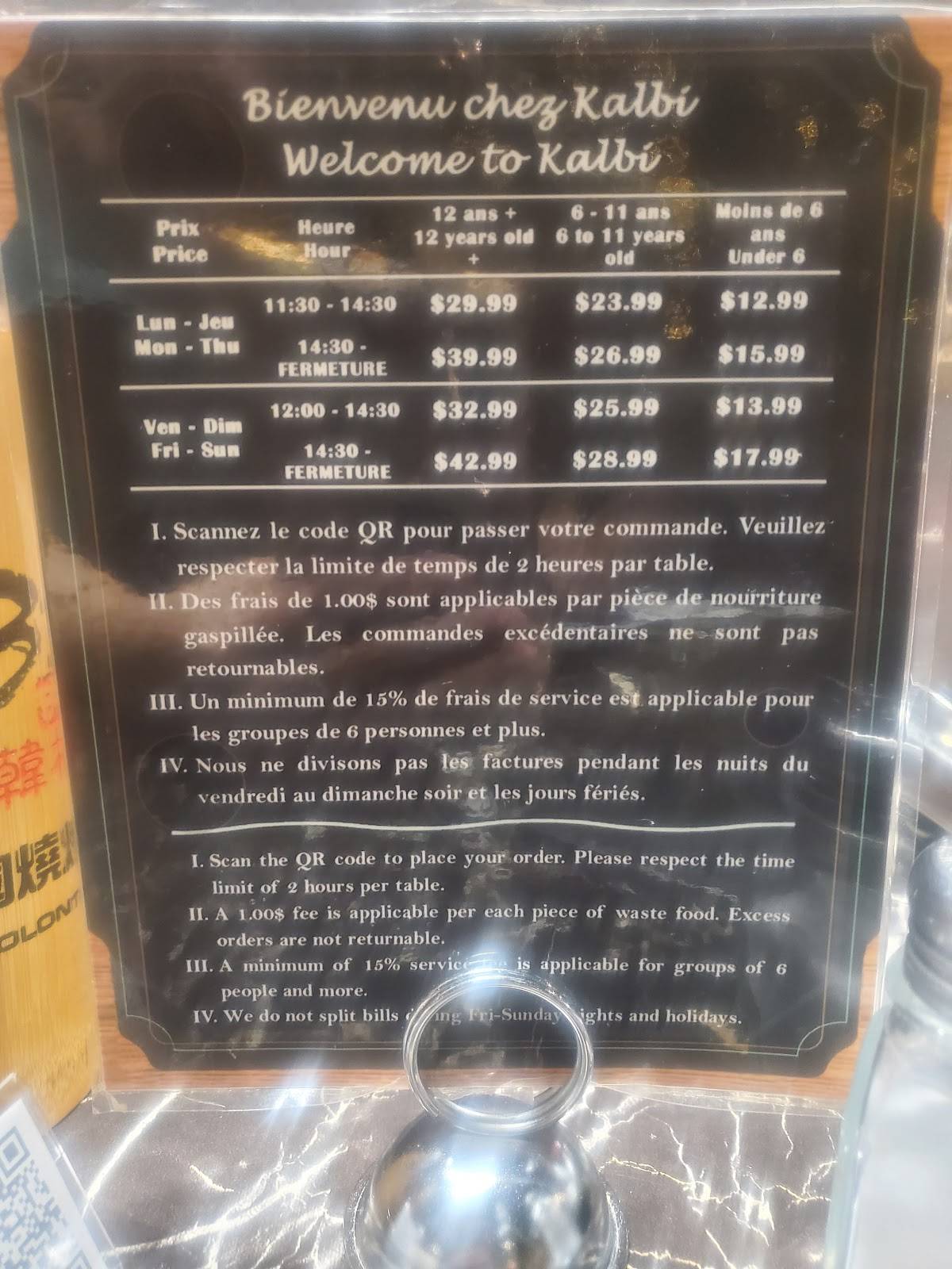 Menu au Kalbi BBQ, Montréal