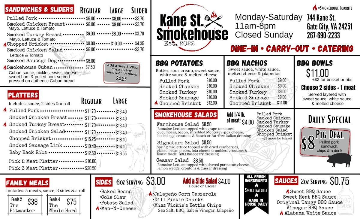 Menu at Kane St. Smokehouse BBQ, Gate City