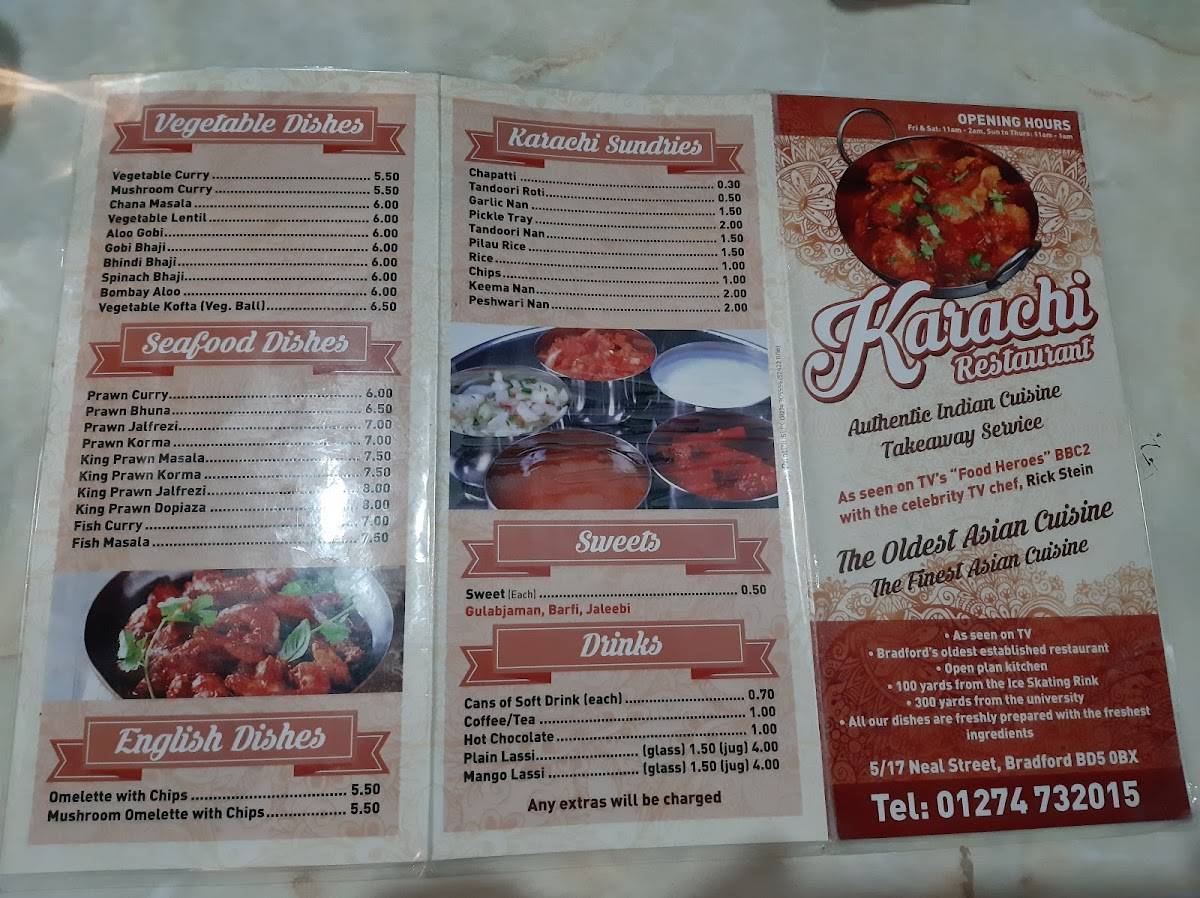 Menu at Karachi Restaurant, Bradford, 15 Neal St