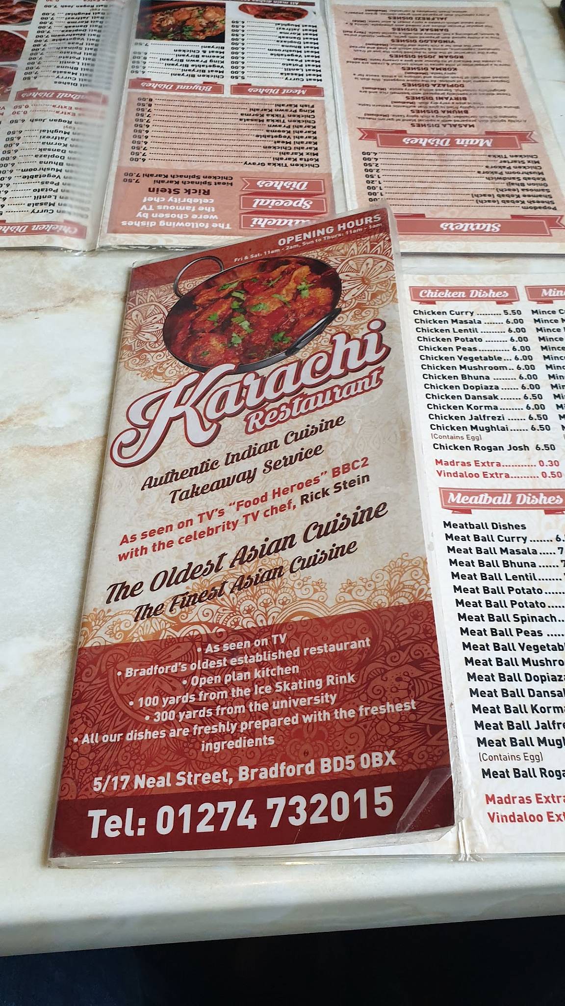 Menu at Karachi Restaurant, Bradford, 15 Neal St