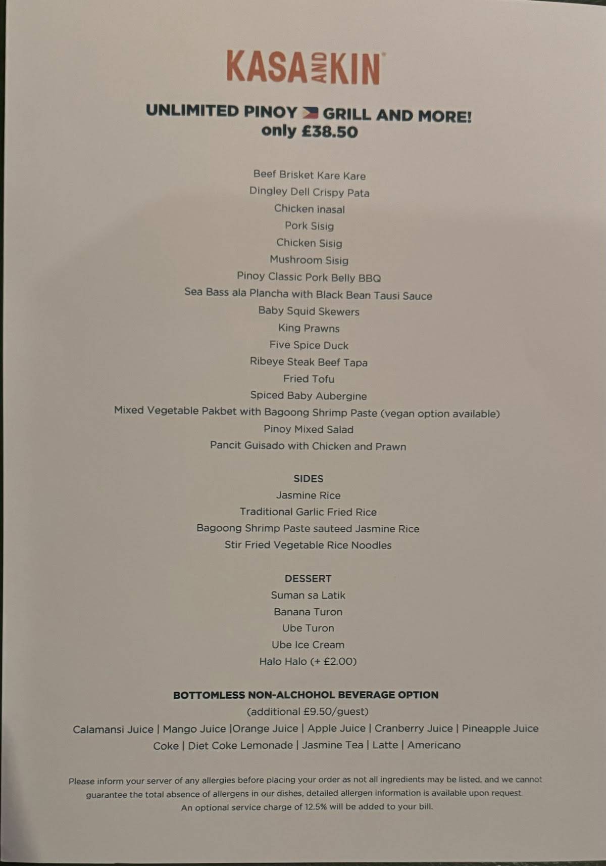Menu at Kasa and Kin restaurant, London