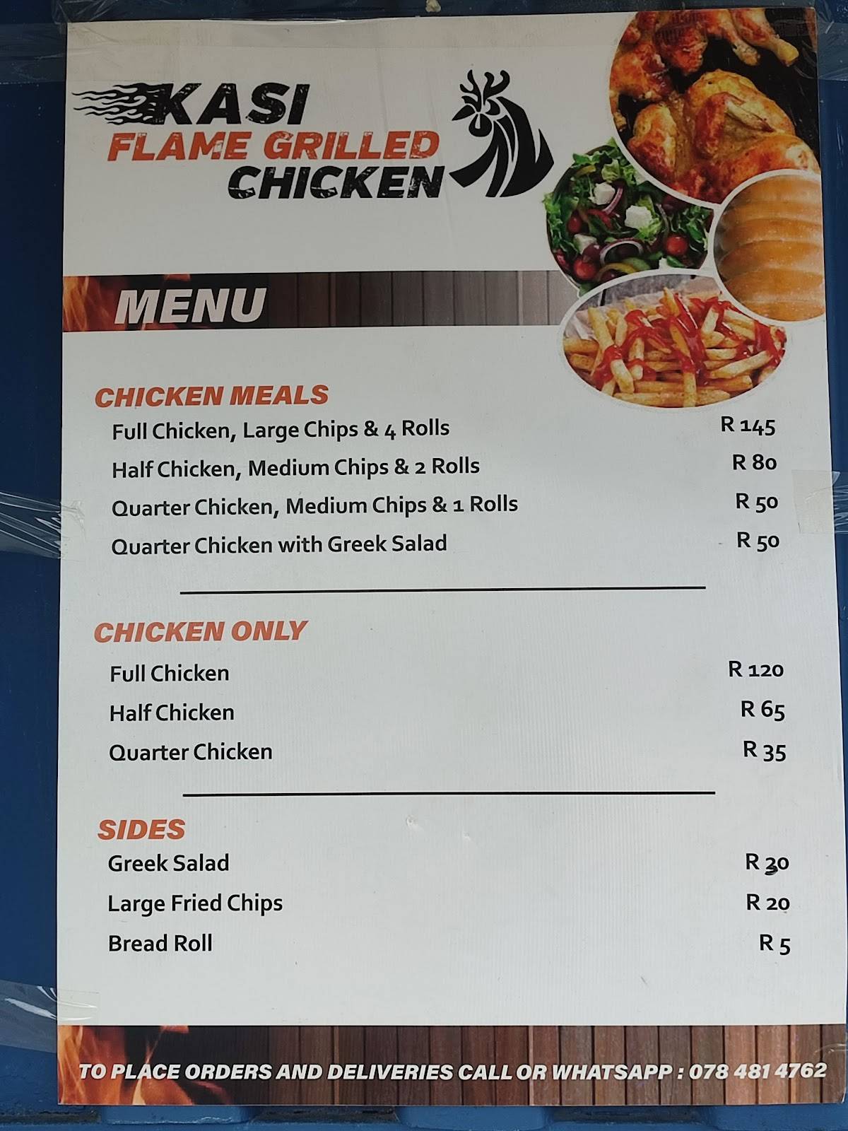 Menu at Kasi flame grilled chicken restaurant, Pietermaritzburg