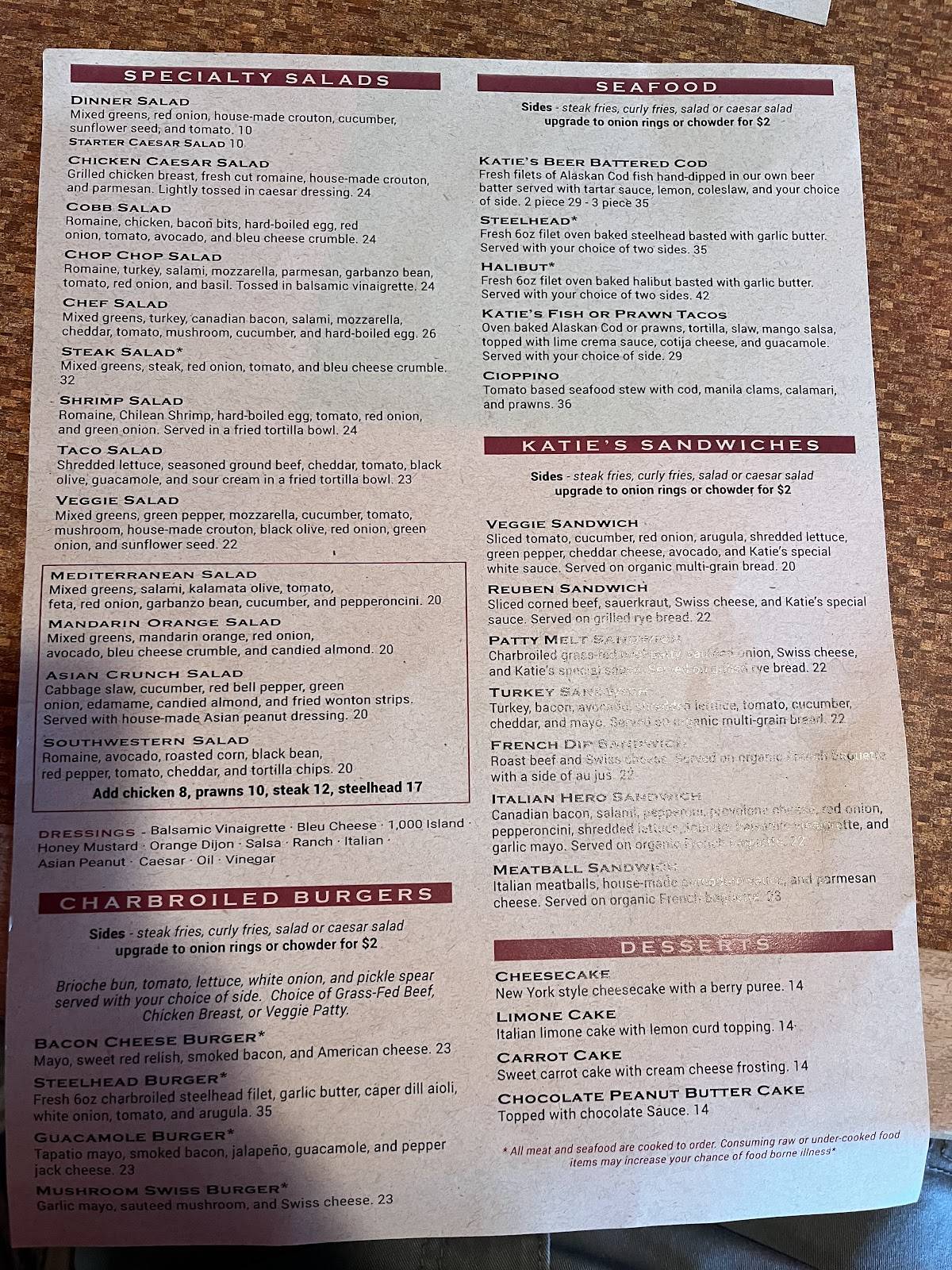 Menu at Katie Downs Waterfront Tavern pub & bar, Tacoma