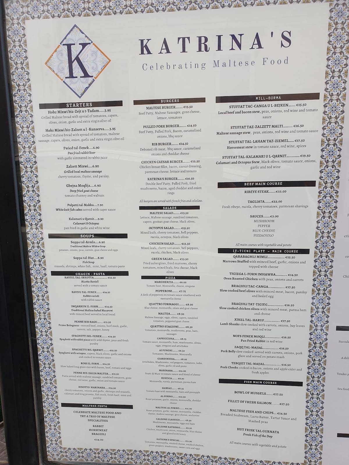 Menu at Katrinas restaurant, Mellieha