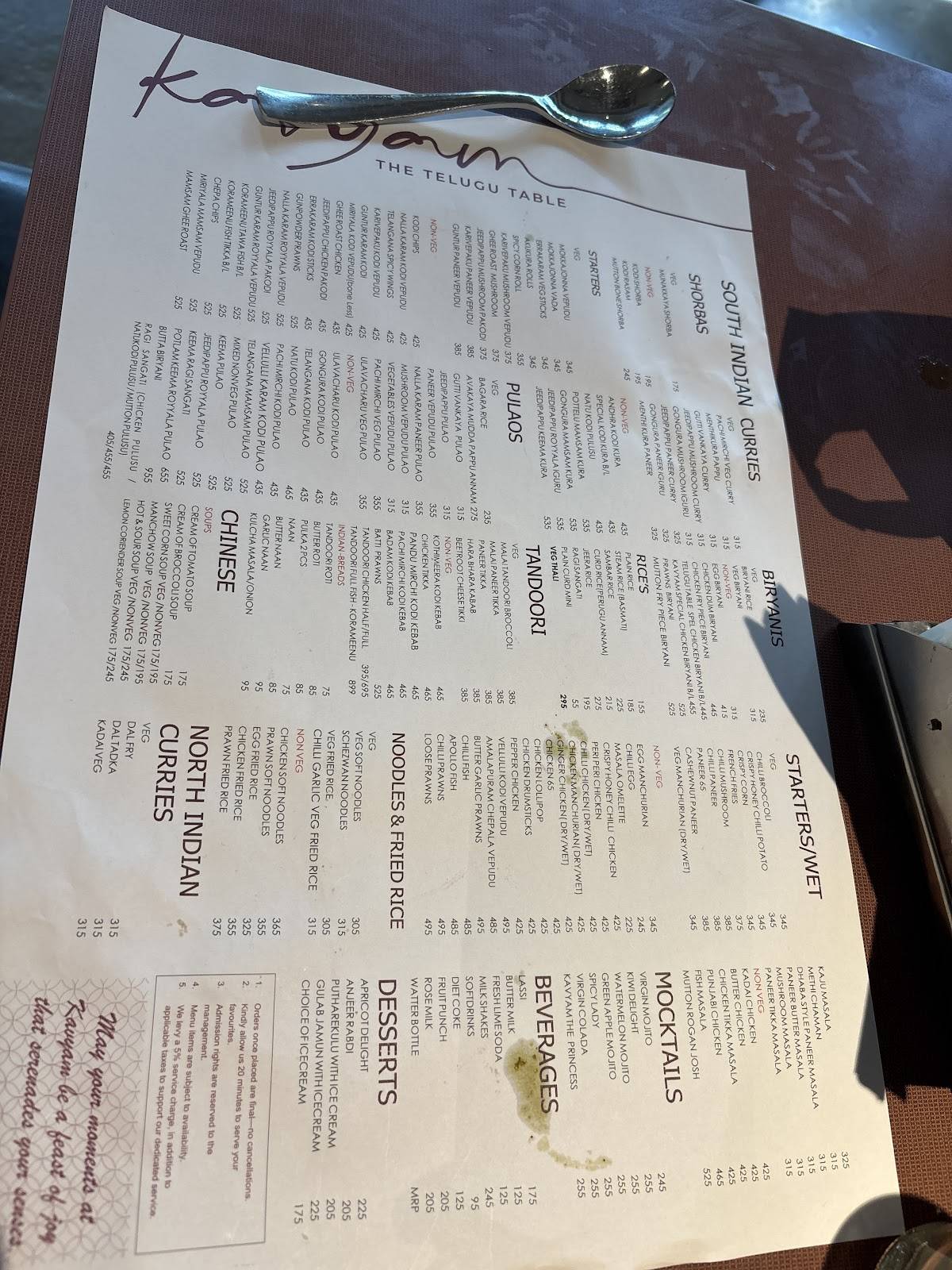 Menu at Kavyam - The Telugu Table, Hyderabad