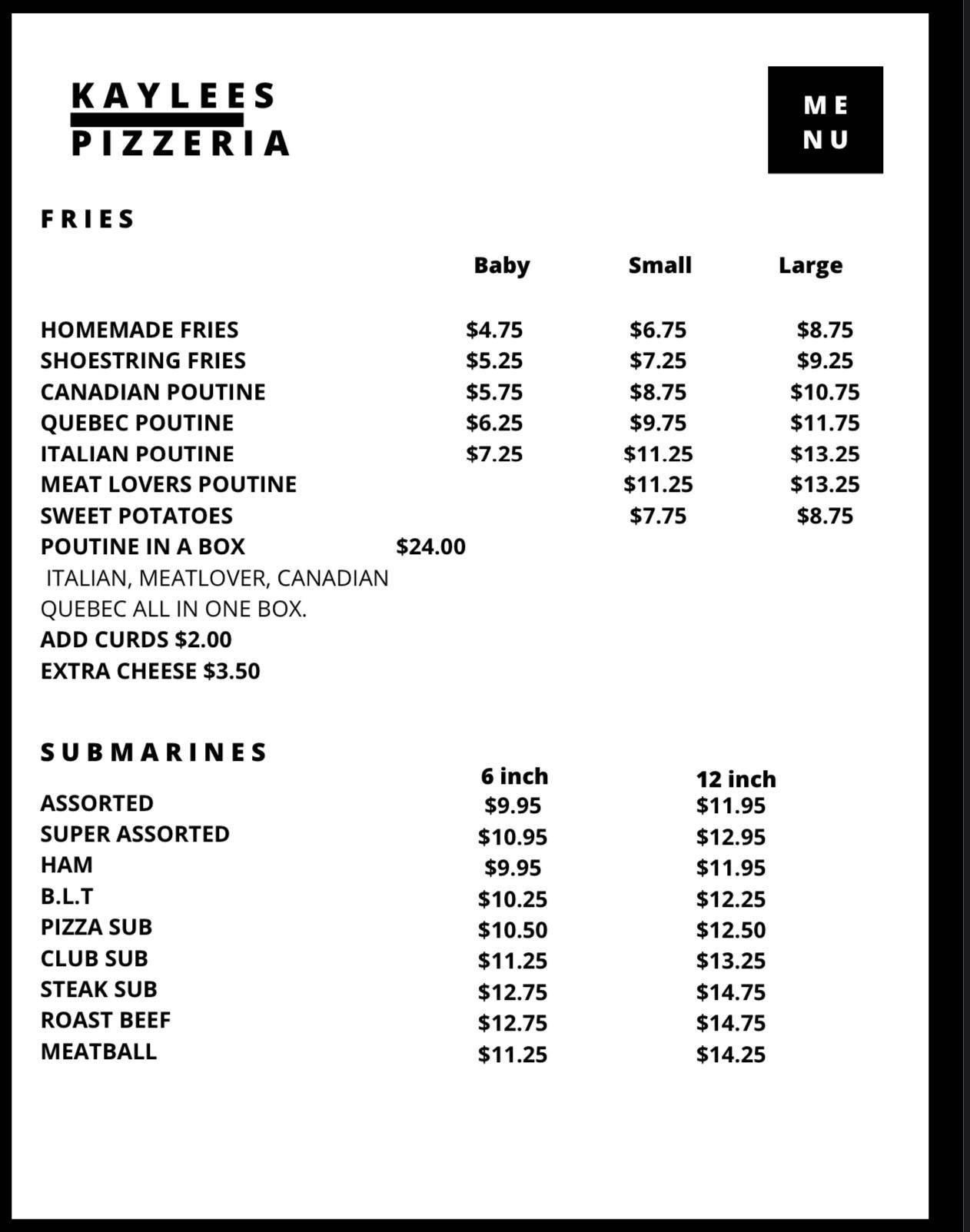 Menu at Kaylee's Pizzeria, Kapuskasing