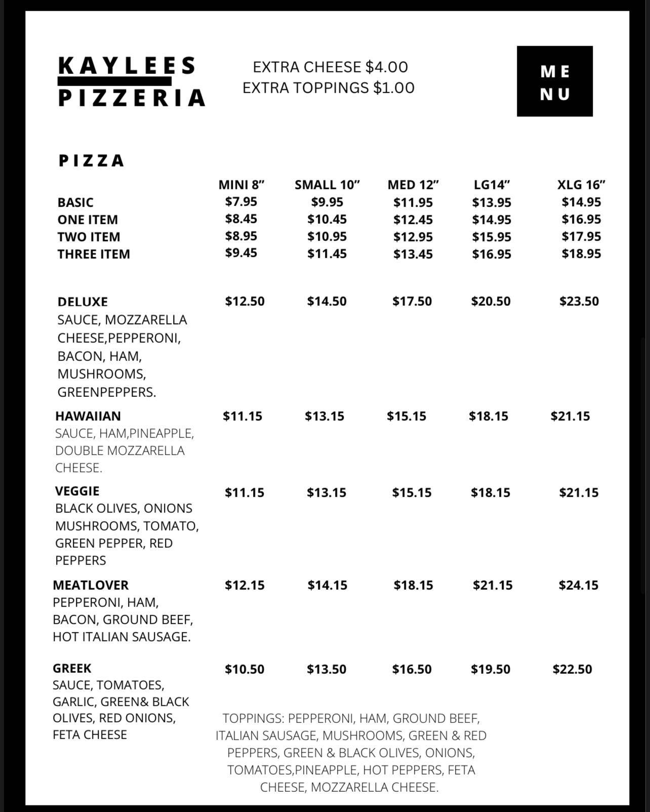 Menu at Kaylee's Pizzeria, Kapuskasing