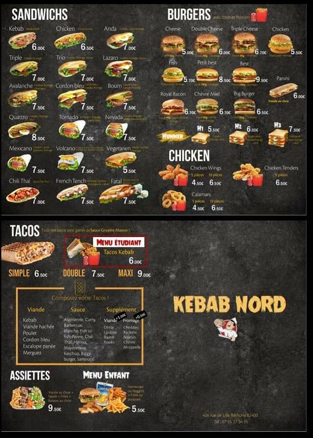 Menu au Kebab nord restaurant, Béthune