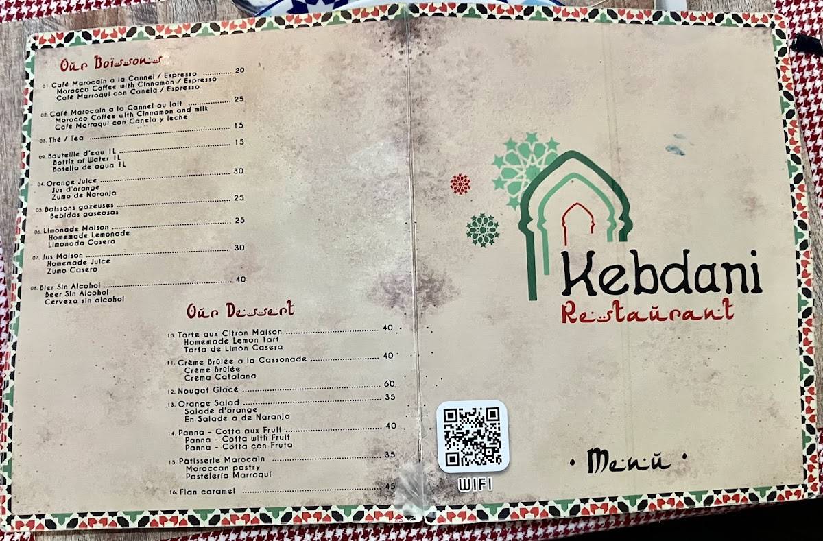 Carta de Kebdani Restaurant, Tánger
