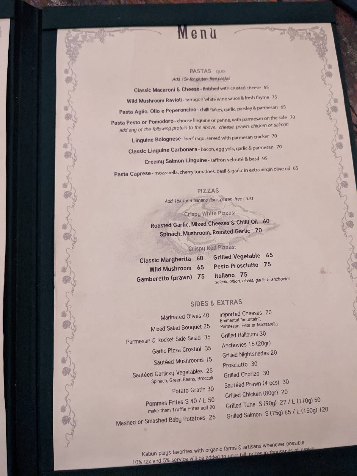 Menu at Kebun Bistro fast food, Ubud