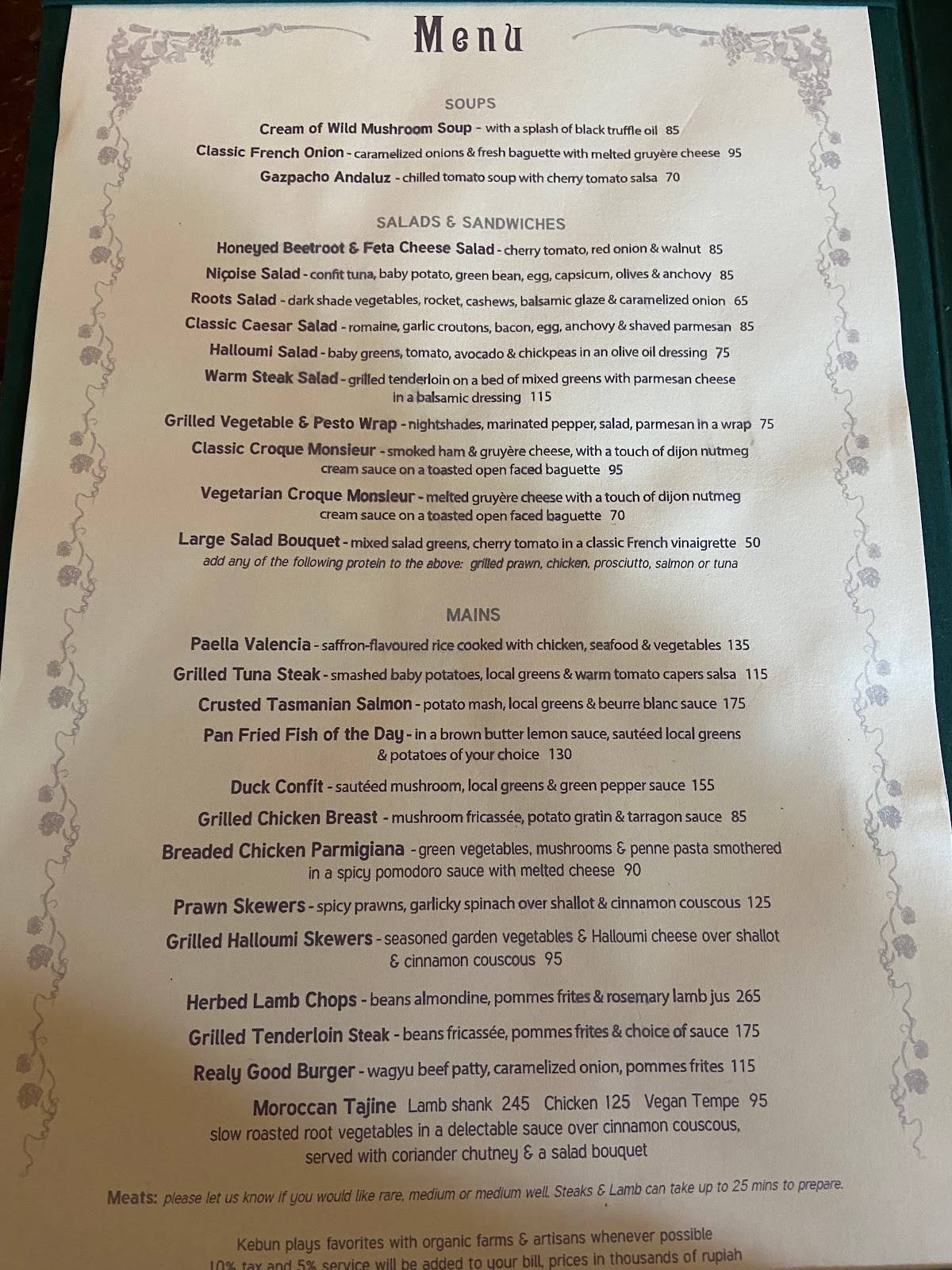 Menu at Kebun Bistro fast food, Ubud