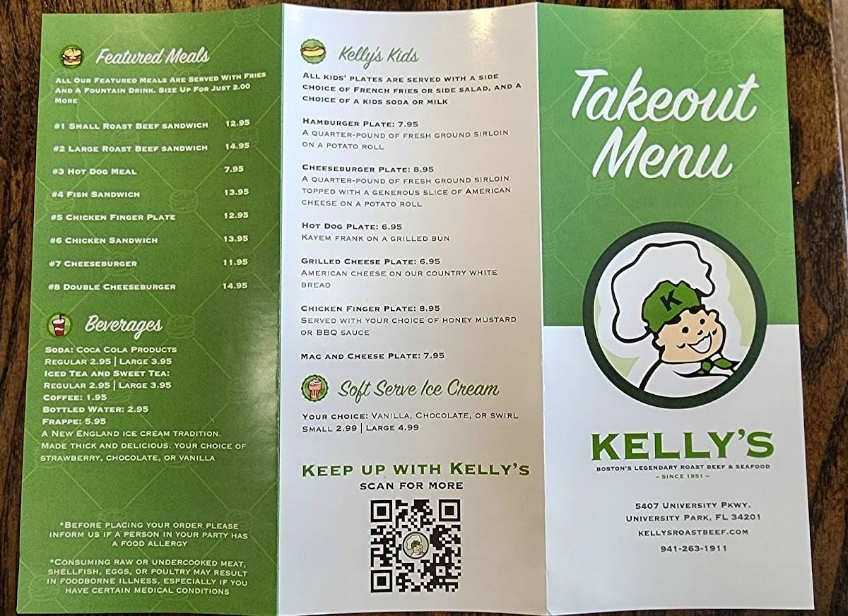 Menu at Kelly's Roast Beef Sarasota restaurant, Sarasota