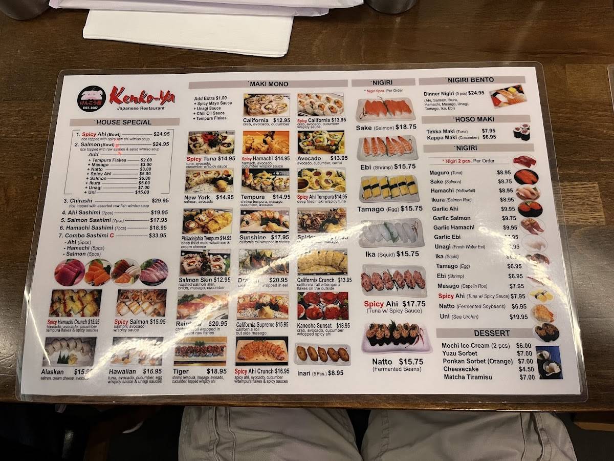 Menu at Kenko Ya restaurant, Kaneohe, 46-047 Kamehameha Hwy