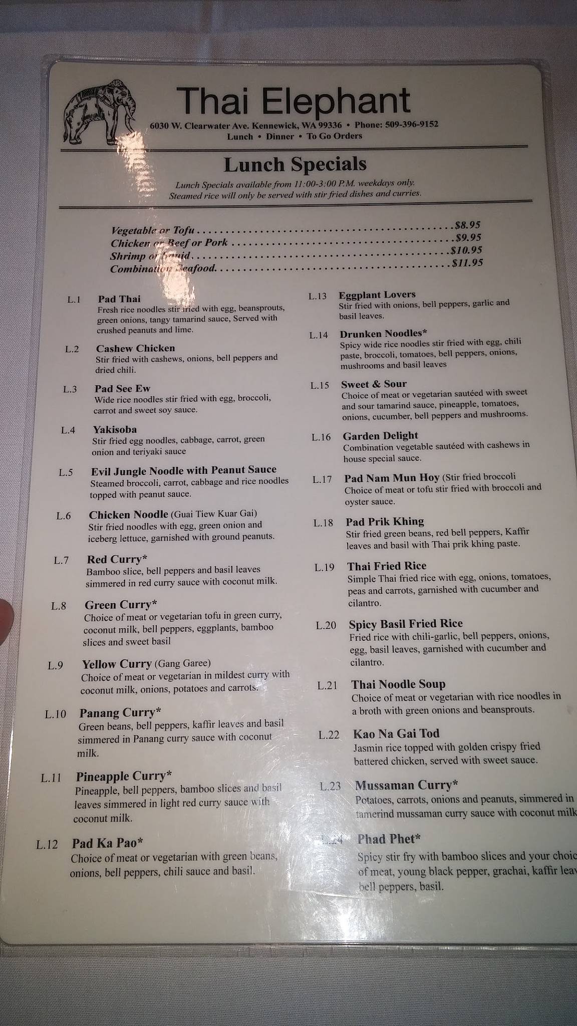 Menu at Thai Elephant restaurant, Kennewick
