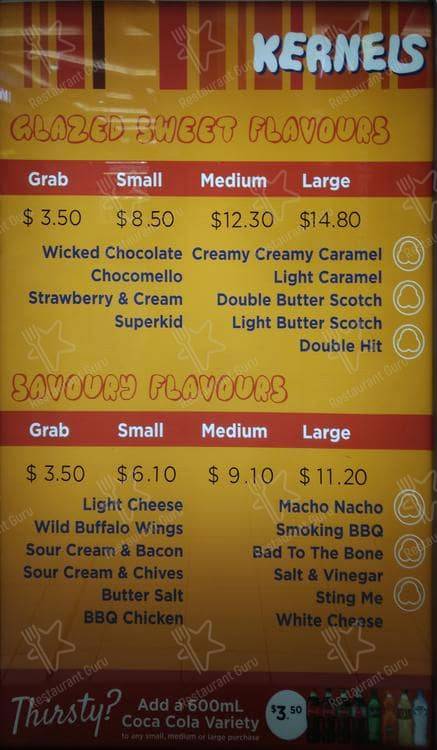 Menu at Kernels Popcorn fast food, Parramatta