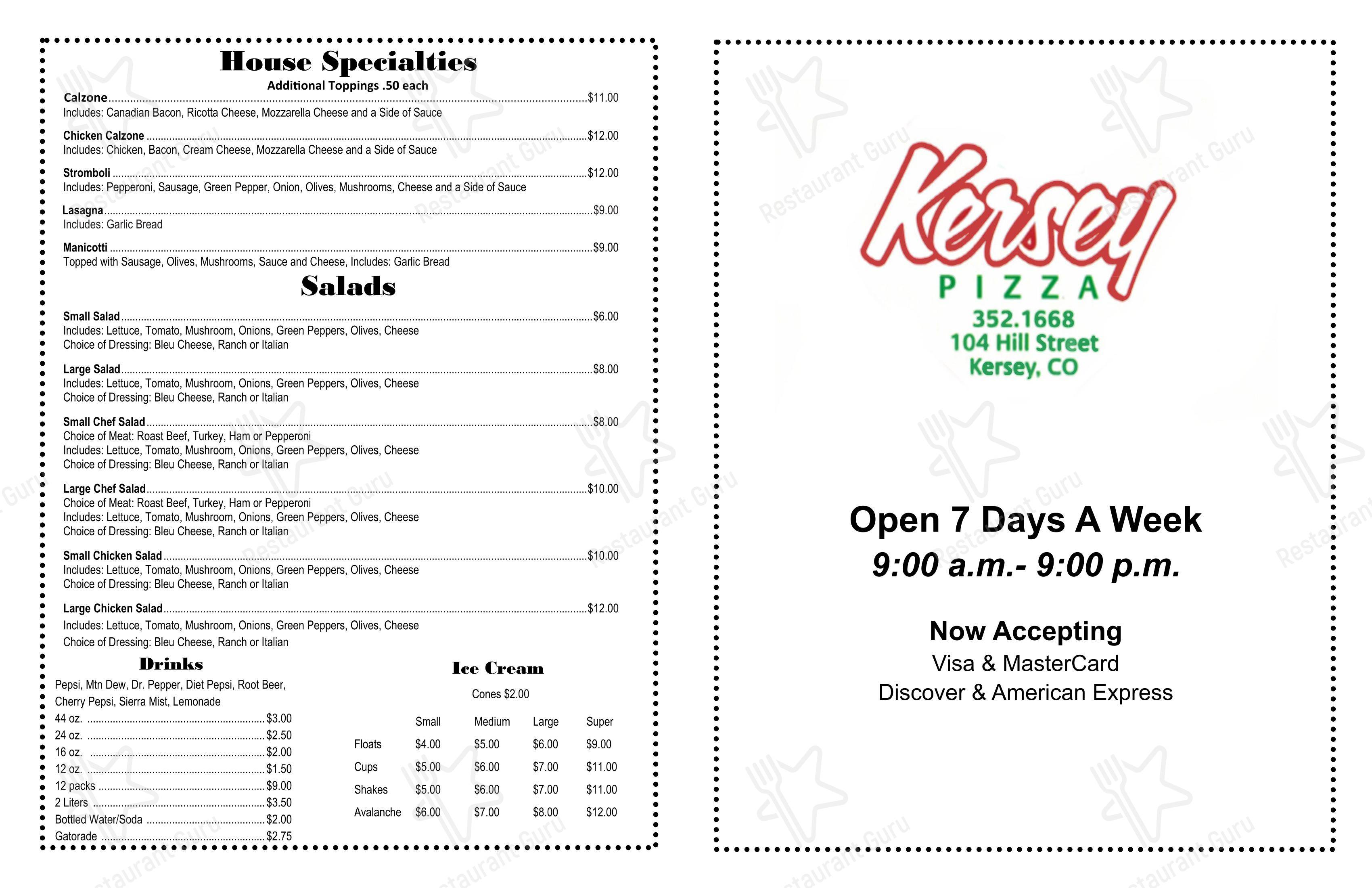 Carta de pizzería Kersey Pizza, Kersey