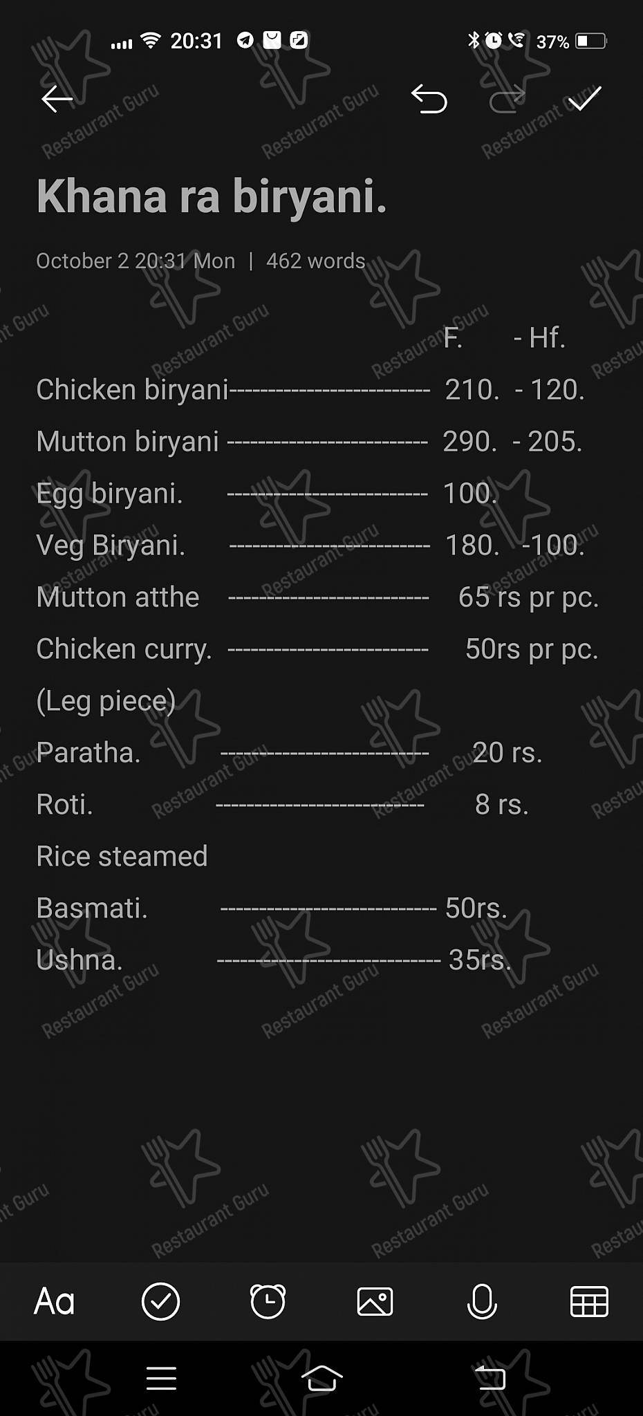 Menu at Khana Ra biryani point, Hazaribagh