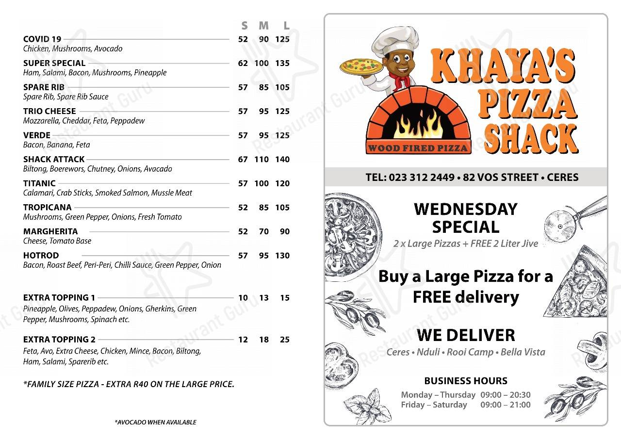Menu at Khaya's Pizza Shack restaurant, Ceres